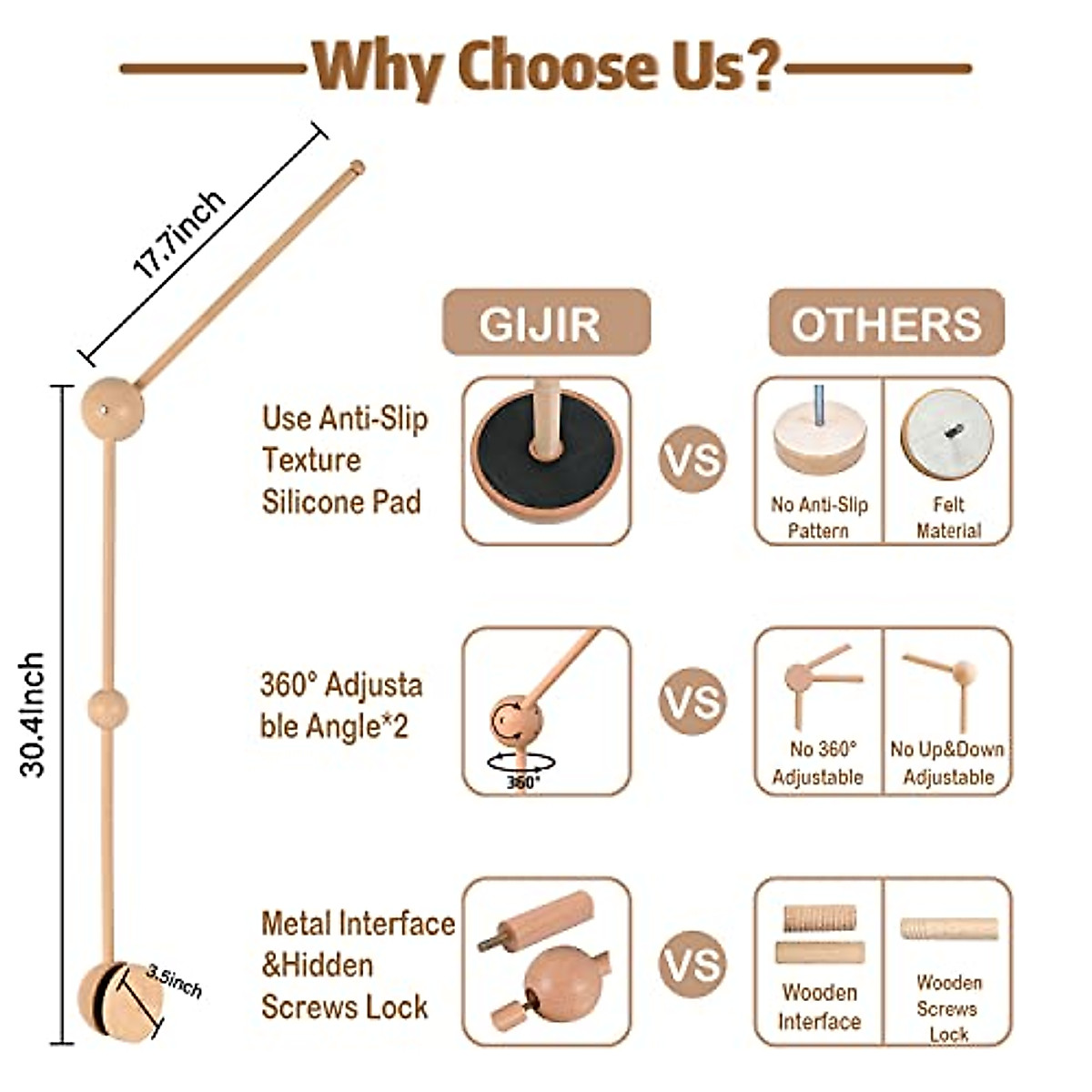 Wooden Baby Crib Mobile Arm, Adjustable Mobile Holder for Crib and Desk Rotating Baby Mobile Hanger Nursery Decoration (3 Modes)