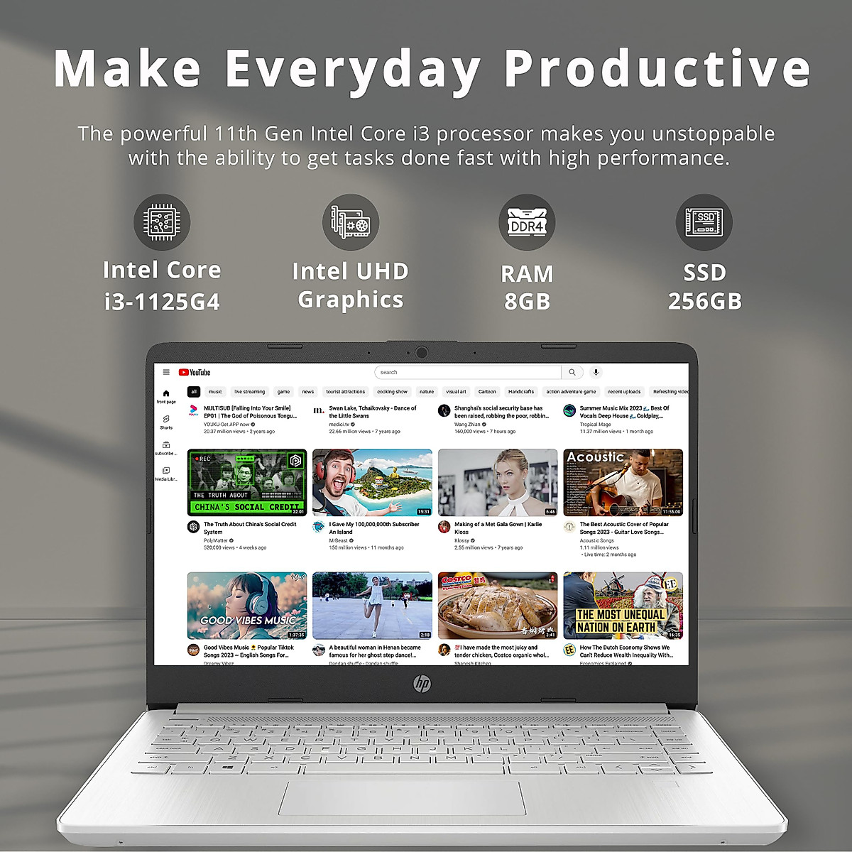 HP 14" FHD BrightView Laptop, Intel Core i3-1125G4, 8GB RAM, 256GB PCIe SSD, Intel UHD Graphics, HD Webcam, Wi-Fi 5, Bluetooth, Sliver, Win 11, 32GB USB Card