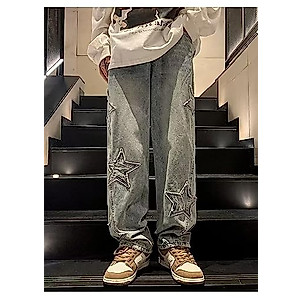 Grunge Baggy Jeans Y2K Emo Alt Cargo Pant Star Patchwork Fairycore Demin Cloting Jogger Hiphop Gothic Tripp Streetwear (Black,Large)