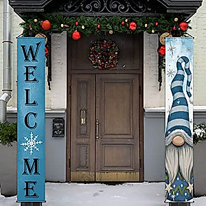 Winter Gnome Welcome Porch Sign Door Banner, Hello Winter Blue Snowy Gnome Welcome Hanging Banner, Snowflake Gnome Front Door Decorations for Christmas Winter Holiday Seasonal Xmas Party Decorations