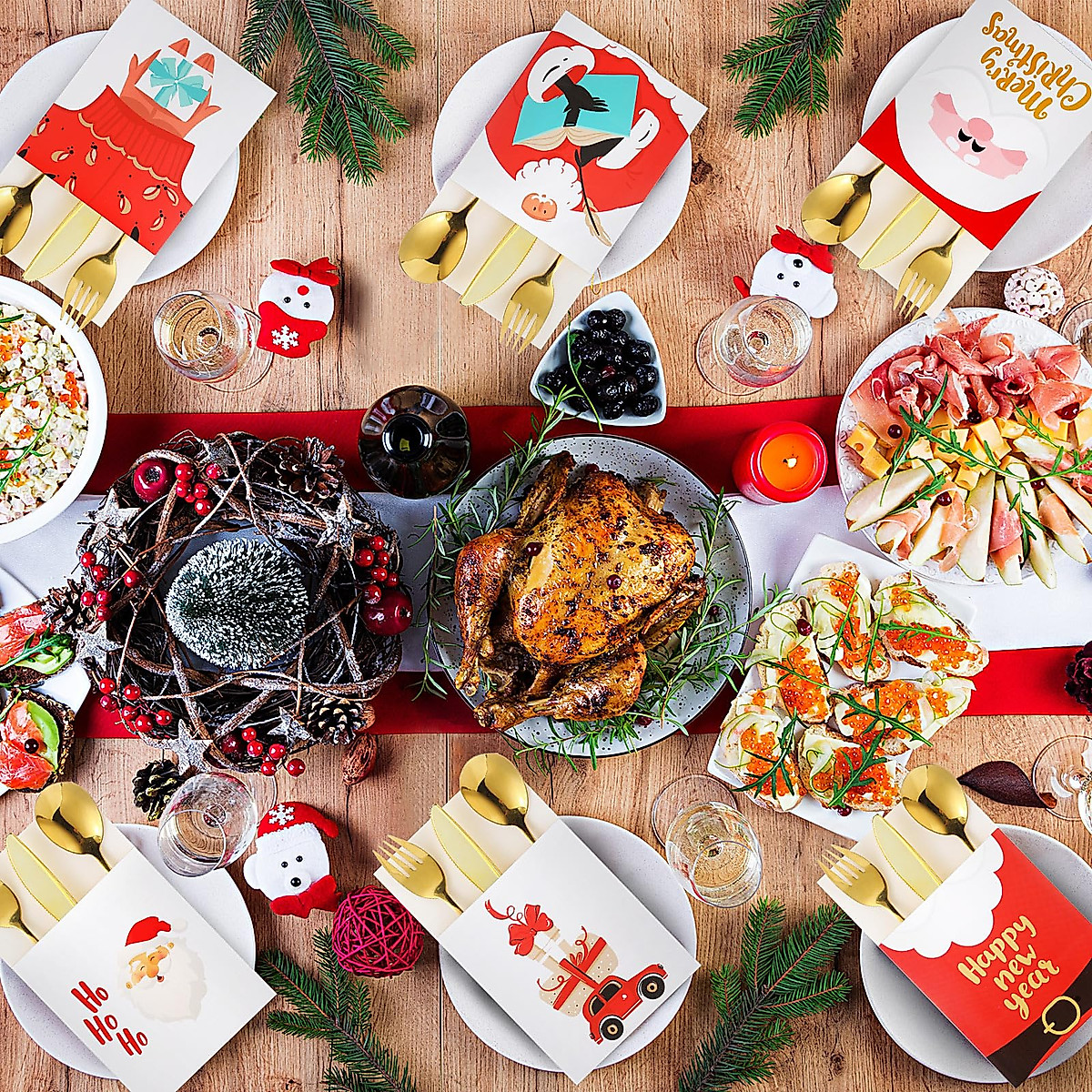 Zhanmai 48 Pcs Christmas Santa Claus Silverware Holders Xmas Utensil Holder Pockets Christmas Cutlery Holder Claus Tableware Holder Bags Knifes Forks Bag for Holiday Christmas Table Setting Decoration