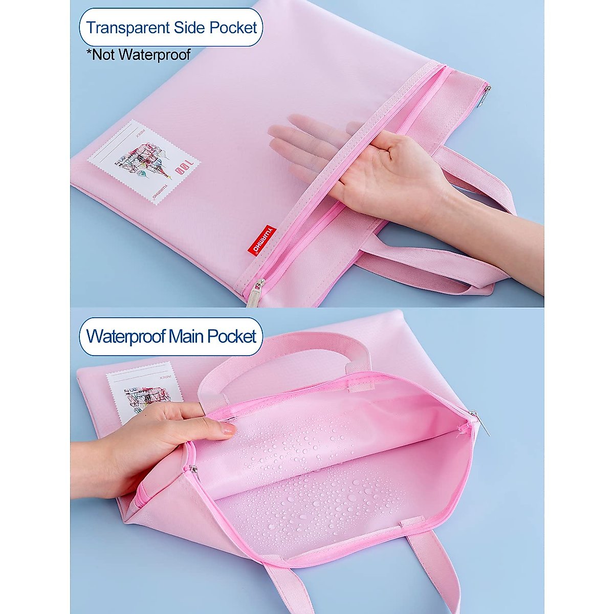 pendancy Mesh Zipper Pouch 11x13.7 in, Large Double Pocket Waterproof File Bag with Handle, A4 Size Foldable Document Storage for Puzzle Project/Cross Stitch/Travel/Office（Pink）