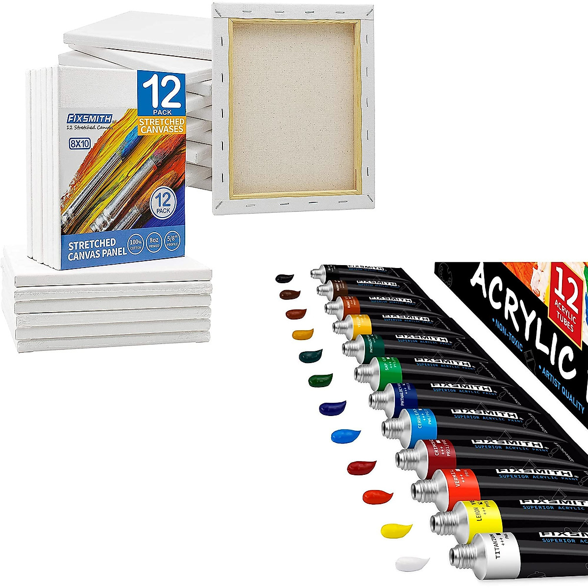 FIXSMITH 8 X 10 Inch White Stretched Canvases 12 Pack & Artist Quality Acrylic Paint Set, 12 Colors/Tubes (12 ml/0.41 oz.)
