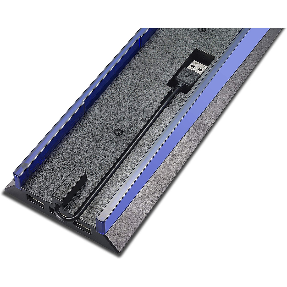 KlsyChry Stand with HUB & Blue Light for PS4, Blue Led Light Vertical Stand Base with 3 USB HUB Port for Sony Playstation 4 PS4 Console (Black)