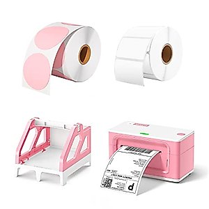 MUNBYN 2 Inch Pink Circle Thermal Sticker Labels, Pink Label Holder for Rolls and Fan-Fold Labels, 2.25 Inch x 1.25 Inch Direct Thermal Labels, Pink Label Printer