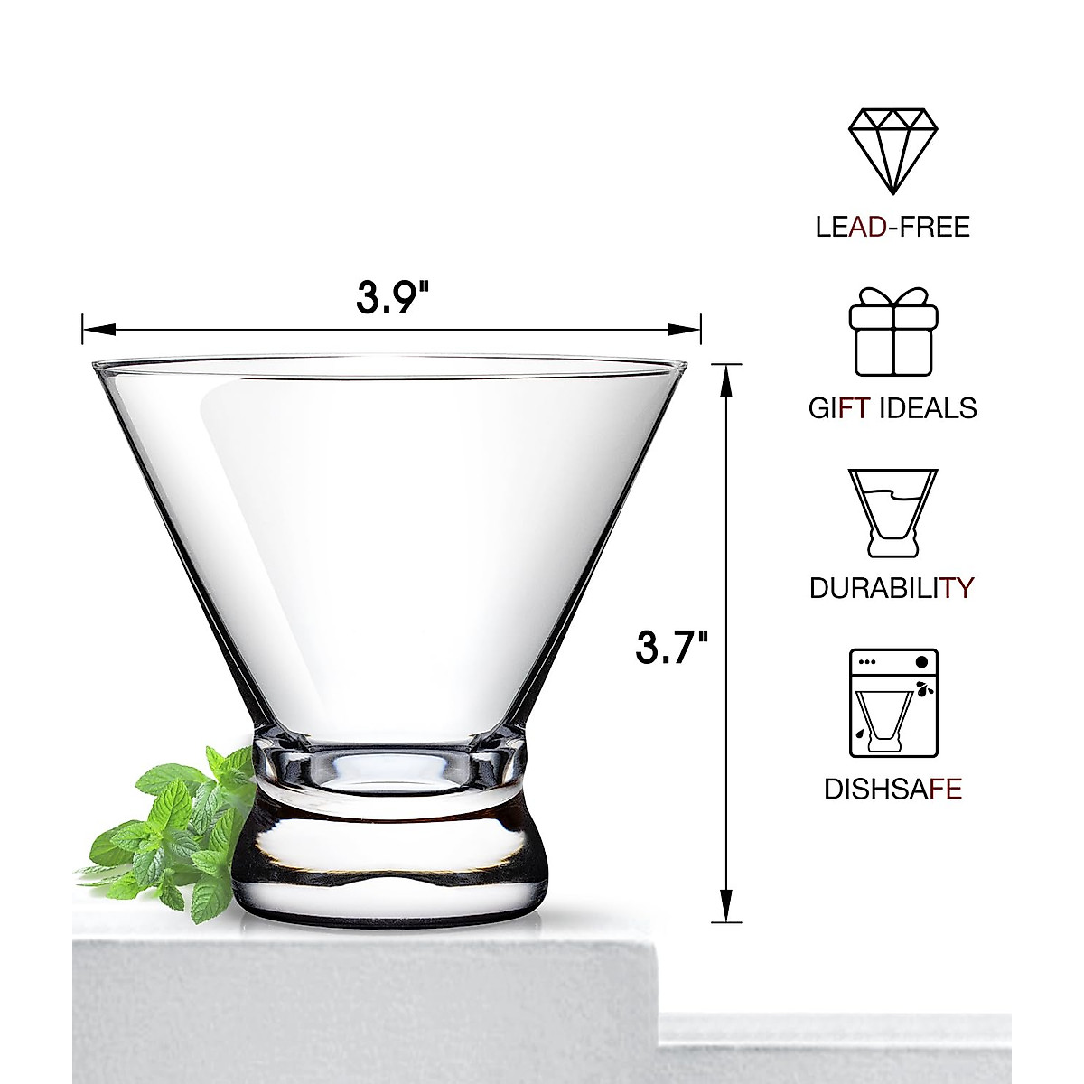 LUNA & MANTHA Martini Glasses Set of 4, Stemless Martini Cocktail Glasses for Margarita, Manhattan, Cosmopolitan, Home Bar, Evening Parties, Birthdays, Housewarming Gift, Crystal Clear 8 OZ