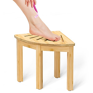 Domax Bamboo Corner Shower Foot Rest - Shower Stool for Shaving Legs 12 inch Non-Slip Waterproof Small Corner Shower Bench for Inside Shower Bathroom Bath Seat Spa Foot Rest Shaving Stool, Natural
