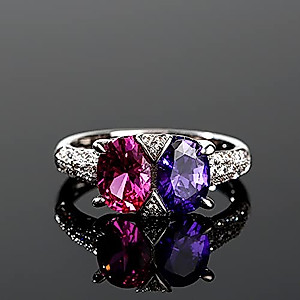 Jeulia Sterling Silver Purple Amethyst Women Ring Women's 2-Stone Engagement Ring Oval Fancy Pink diamond Promise Wedding Band Anniversary Crystal Halo Bridal Ring Set with Jewelry Gift Box (Amethyst+Pink, 9)