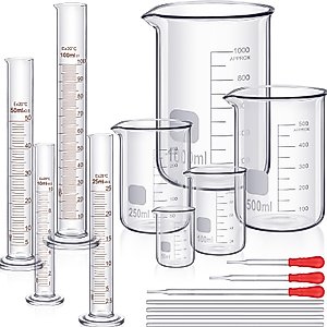Glass or Plastic Graduated Cylinder Beaker Set, Thick Lab Cylinders (10 ml, 25 ml, 50 ml, 100 ml), Beaker (50 ml, 100 ml, 250 ml, 500 ml, 1000 ml) with 3 Dropper 4 Stirring Rod 7.9 Inch(Glass)