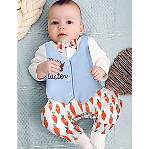 Aulyffo My First Easter Baby Boy Outfit 9-12 Months Baby Boy Easter Outfit Long Sleeve Bunny Romper Radish One Piece Jumpsuit with Bow Tie Easter Outfit Baby Boy Clothes