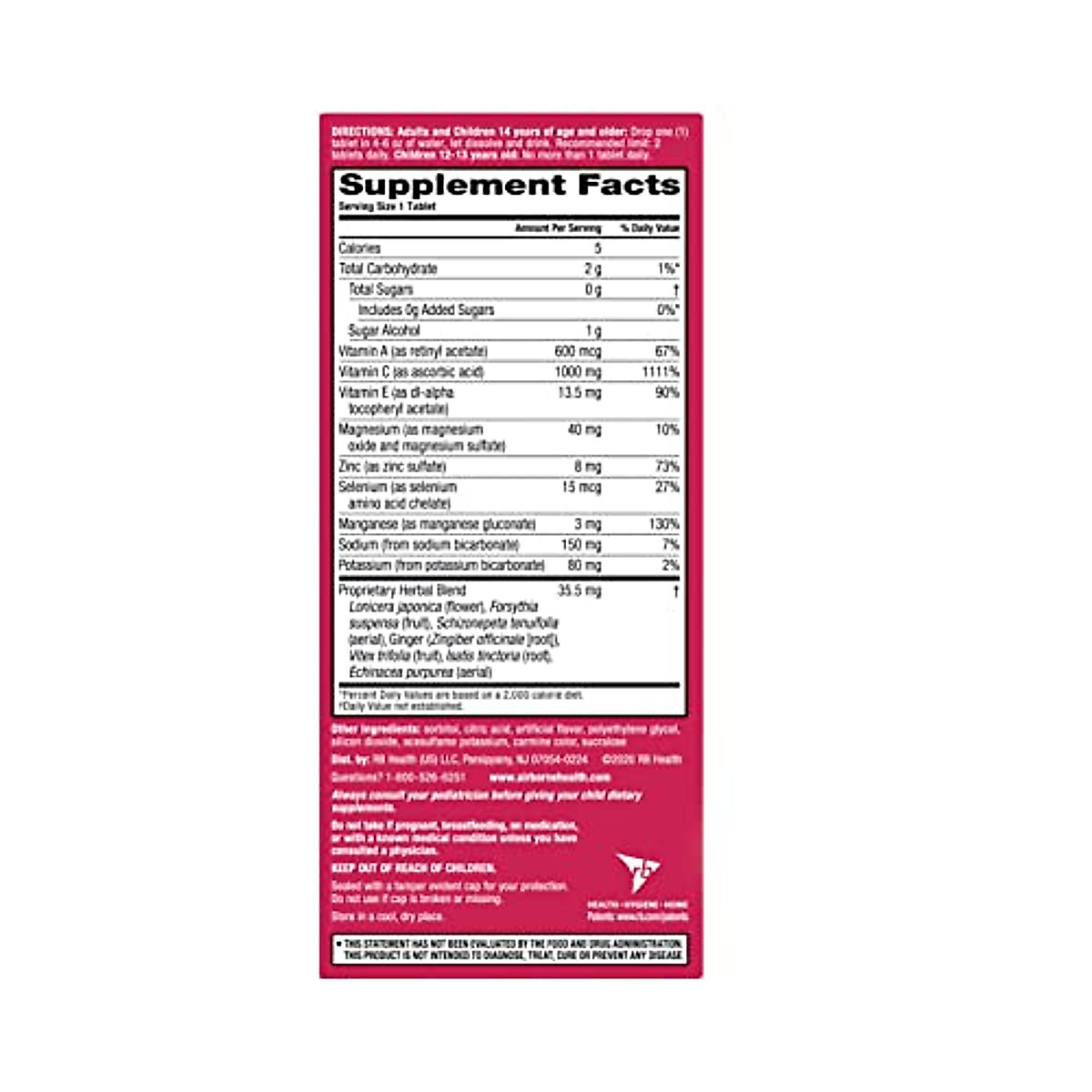 Airborne 1000mg Vitamin C with Zinc Effervescent Tablets, Immune Support Supplement with Powerful Antioxidants Vitamins A C & E - 36 Fizzy Drink Tablets, Very Berry Flavor