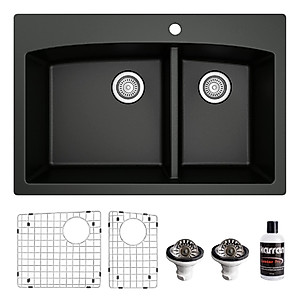 Karran QT-711 Drop-In Quartz Composite 33 in. 1-Hole 60/40 Double Bowl Kitchen Sink Kit in Black