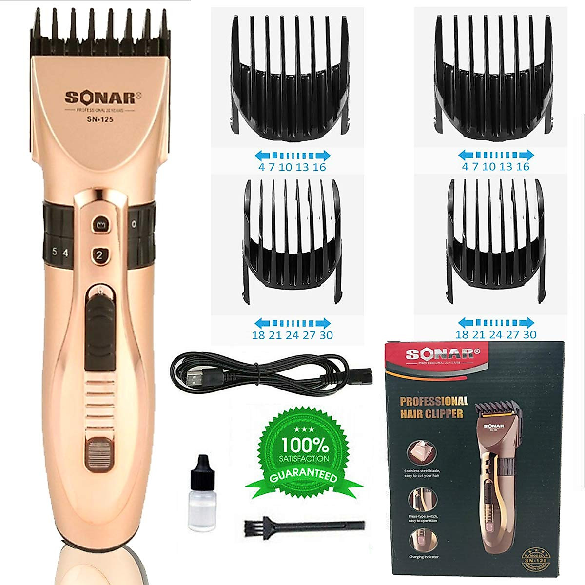 Professional Hair Clippers, Rechargeable Hair Clippers Set, Low Noise Haircut Trimmer Professional Hair Clippers with 4 Guide Combs Brush for Men/Kids/Baby