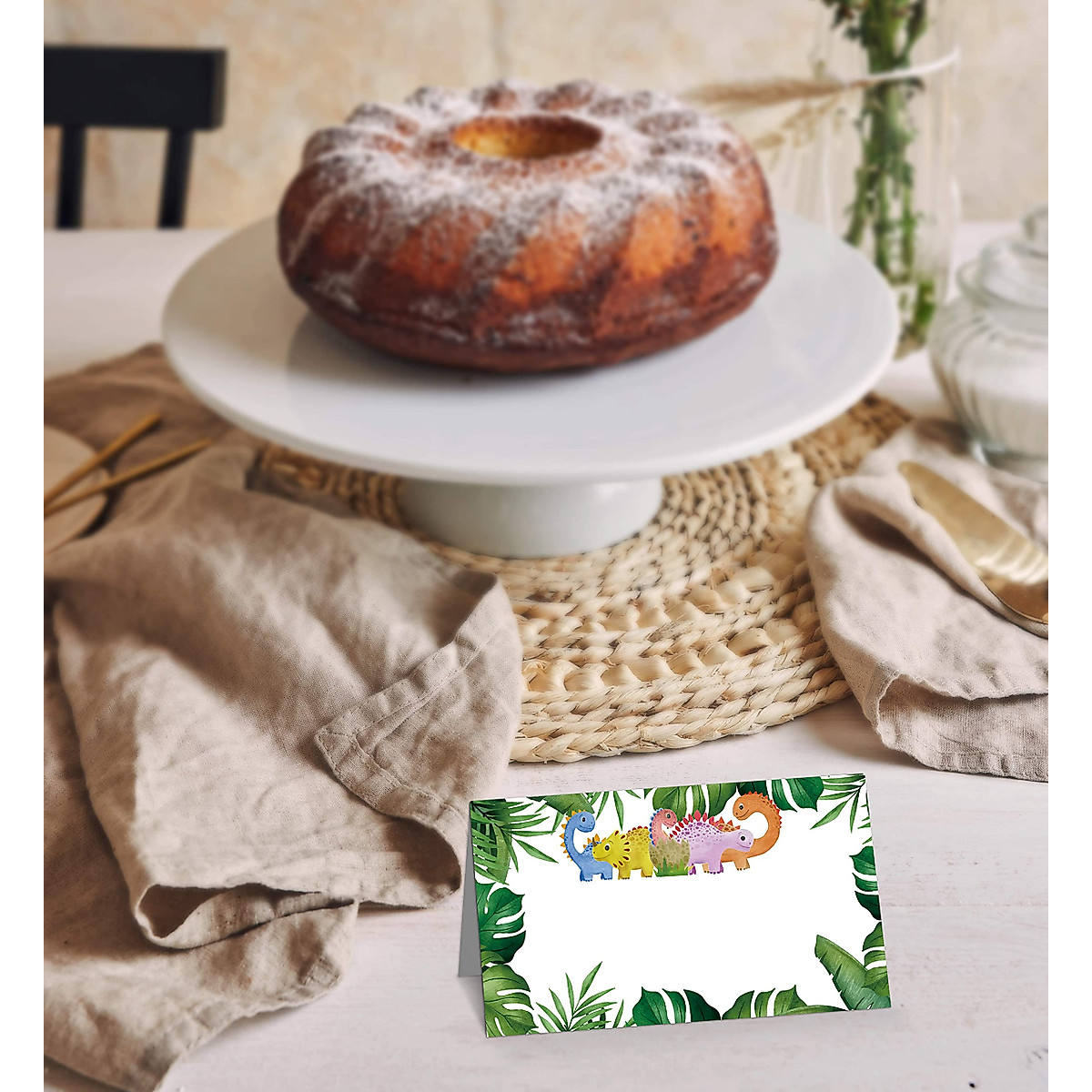 Table Place Card for Baby Shower, 25 Pcs Tent Cards Set with Tropical Palm Leaves Design, Editable Name Cards for Table Seating, Dinosaur Party Food Lables, Safari Jungle Baby Shower Decorations(11)