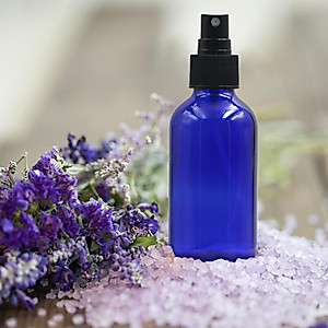 Omawrf 5Pcs Blue Boston Glass Spray Bottles for Essential Oils, 4oz Empty Small Fine Mist Spray Bottle with 5ml Dropper Bottles, Funnel, Pipette, Labels,Brush Travel Spray Bottle (120ml, Blue)