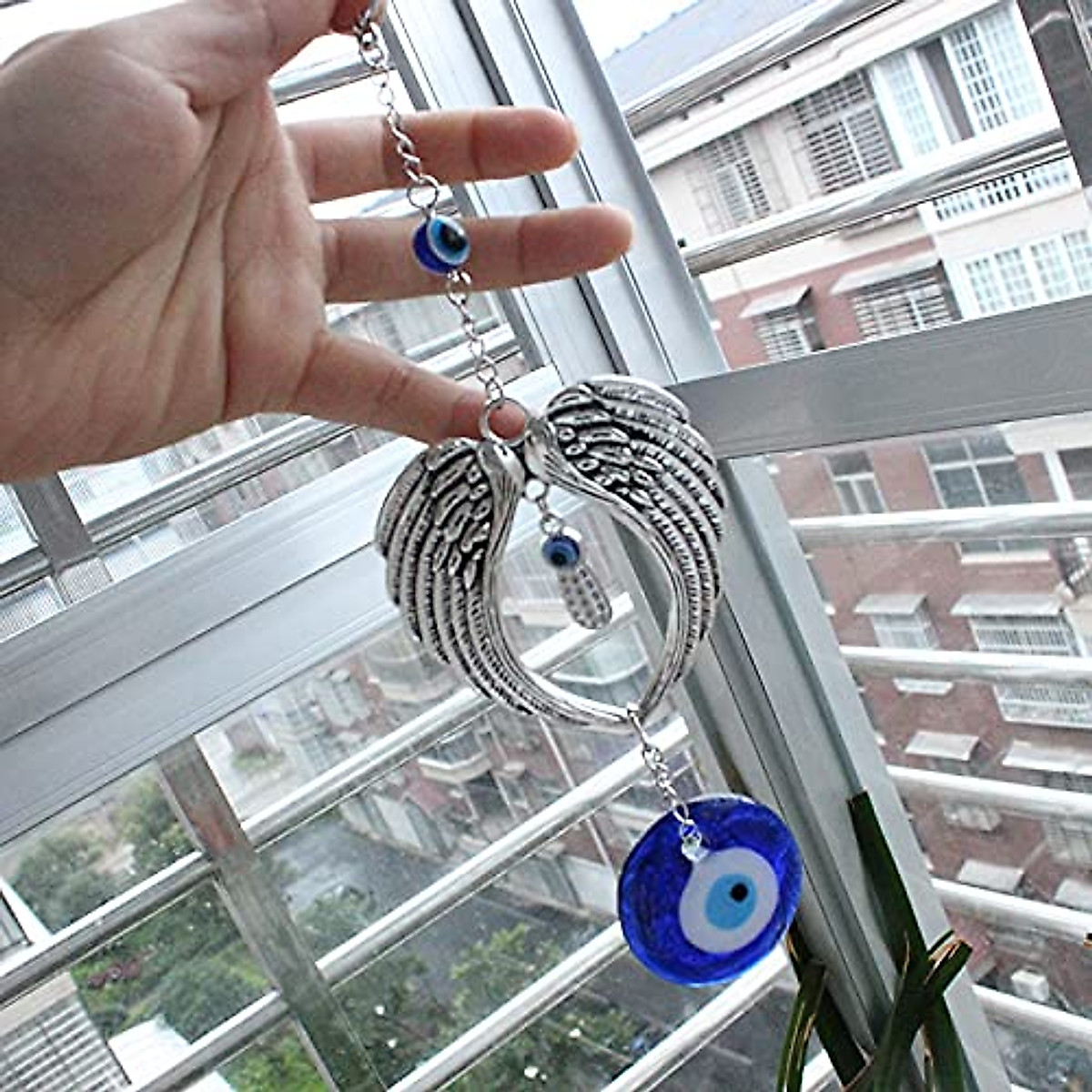 Hallwayee Creative Evil Eyes Wall Pediments Alloy Hanging Decor Glass Devil’s Blue Eyes Pendant Handcraft Hanging Ornament for Car Window Home Garden Office (Angel Wings)
