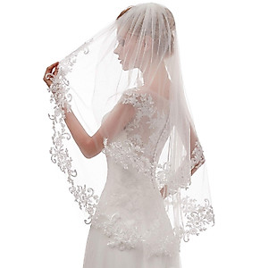 EllieHouse Women's Short 2 Tier Lace White Wedding Bridal Veil with Comb L24WT