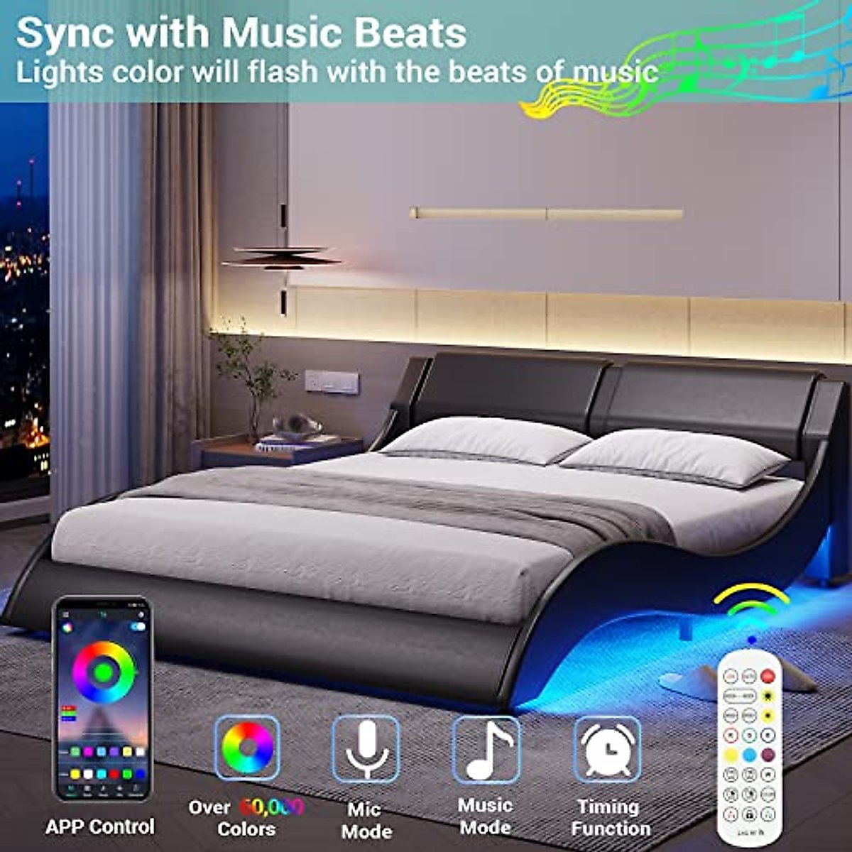Queen Modern Upholstered Platform Bed Frame Wave-Like Curve Led Bed Frame with Headboard Low Profile Bed Frame with Smart RGB LED Lights,Faux Leather,Easy Assemble,Strong Wood Slats Support,Black