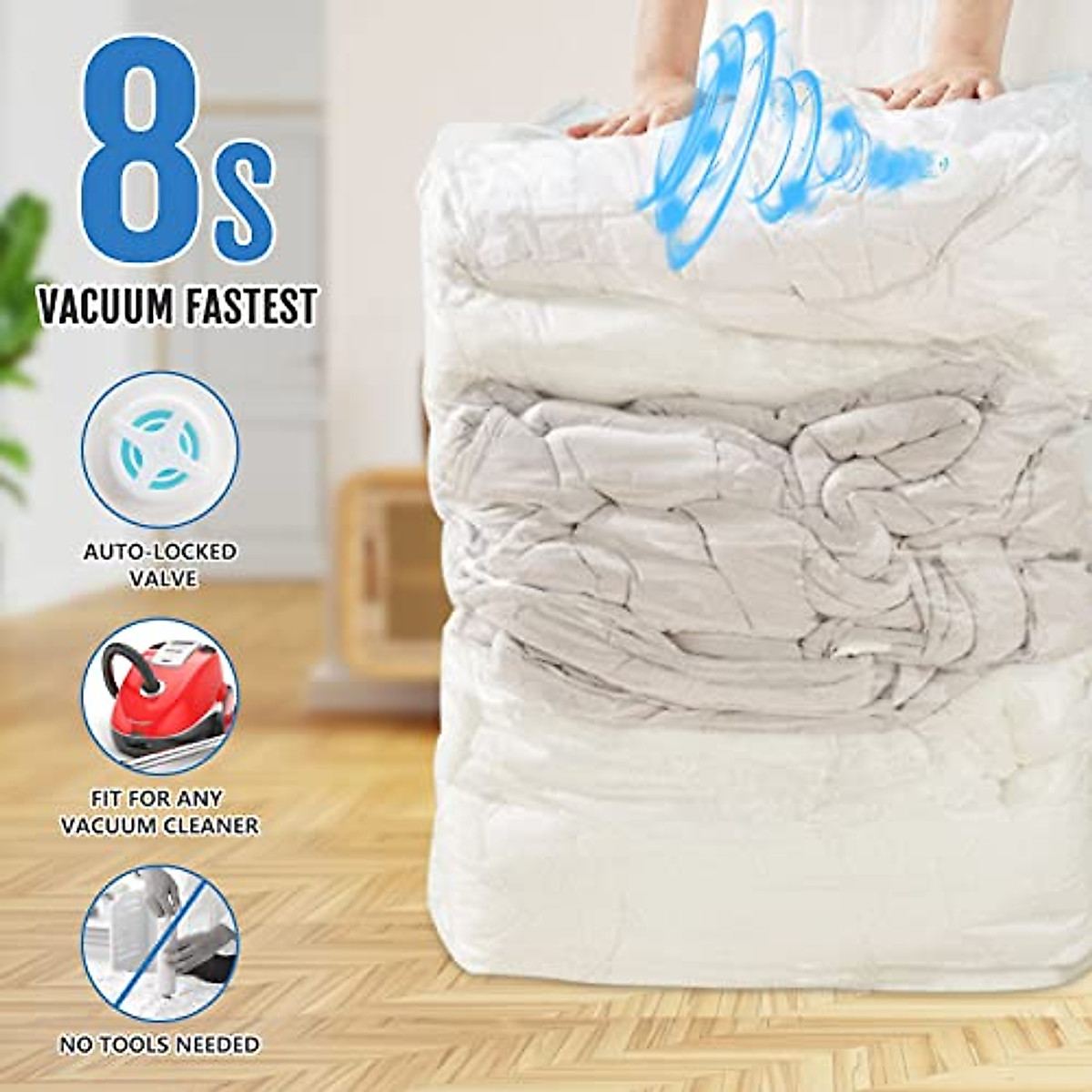 Colorlife Vacuum Storage Bags 5 Pack(Medium),Double-Zip Seal Space Saver Sealer Bag For Beddings Comforters Blankets Quilt Pillows Clothes, Save 80% Space,No Vacuum Pump Needed（5x70*50cm）