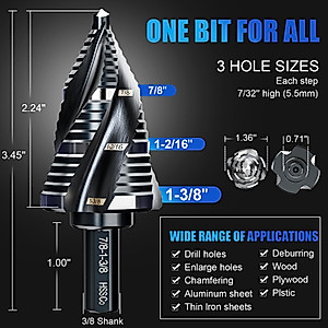 M35 Four Spiral Flute Step Drill Bit Set 1/4" - 1-3/8" （19 Sizes, 1/4" Hex Shank Unibit Step Drill bit, Impact Resistant M35 Cobalt Step Drill Bit, for Stainless Steel, Wood, Aluminum, Plastic