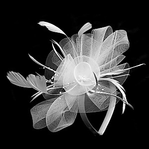 Myjoyday Women's Fascinators Hat for Tea Party Church Cocktail, Feathers Veil Headband with Hair Clip (White)