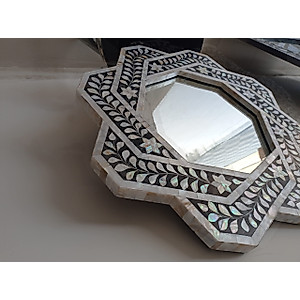 Handmade Mother Of Pearl Inlay Hexagonal Black Floral Pattern Mirror Frame | Handmade MOP Inlay Mirror Frame For Home Decor