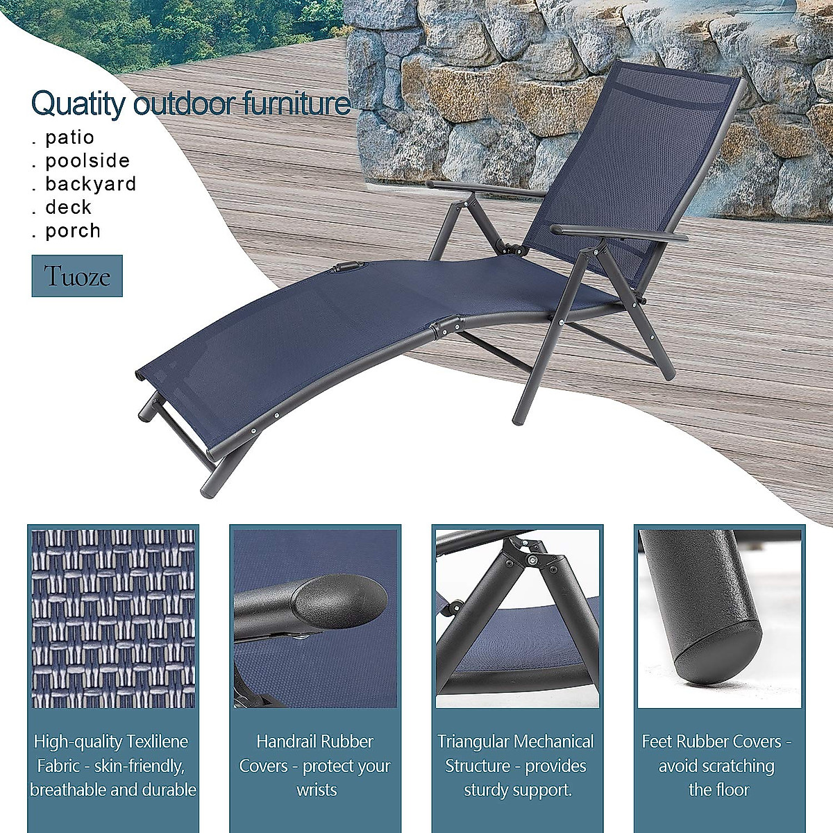 Tuoze Outdoor Chaise Lounge Chairs Patio Furniture Adjustable Folding Recliner Chair Set of 2 Foldable Tanning Chair Sunbathing for Pool, Beach, Yard, Balcony (Blue)