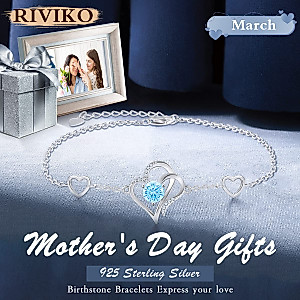 RIVIKO Love Heart Charm Bracelet For Women 925 Sterling Silver With Zirconia Birthstone Bracelets Adjustable Link for Mother Wife Girls Sister Birthday Christmas Mother's Day Jewelry Gift, Sterling