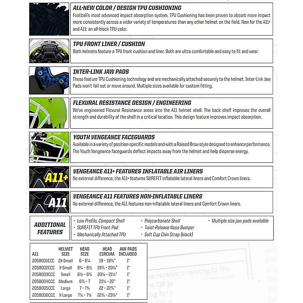 Schutt Sports Vengeance A11+ Youth Football Helmet (Facemask NOT Included), Black, X-Large