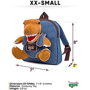 Naturally KIDS Mini Dinosaur Backpack - Dinosaur Toys for Kids Age 2 - Very Small Toddler Backpack for Boys Girls w Stuffed Animals - Little Backpack w Brown Corduroy T Rex