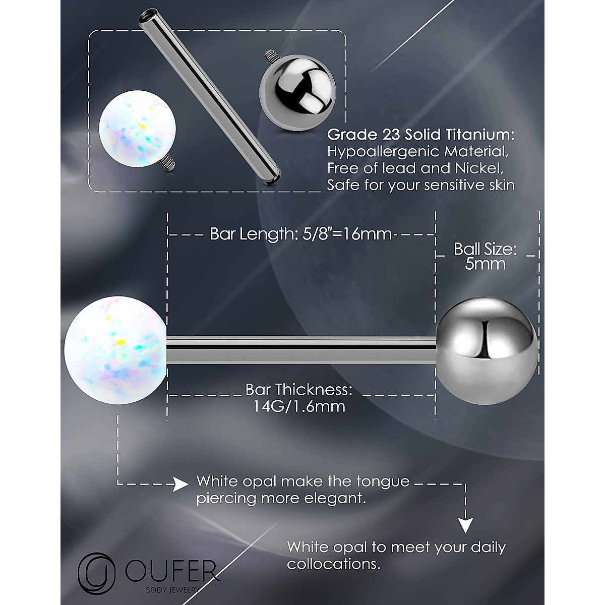 OUFER Titanium Tongue Rings, White Opal Tongue Ring, Internally Threaded Tongue Piercing Jewelry, Straight Tongue Jewelry for Women Men