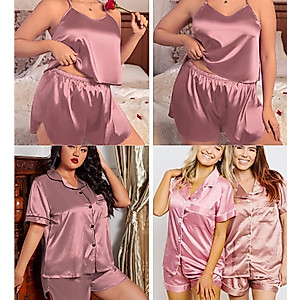 SWOMOG Women Plus Size Pajama Set 4pcs Silk Satin Sleepwear Button Down Pjs Cami Shorts Set Loose Loungewear 16W-26W Misty Rose