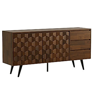 Bme Sideboard Georgina Solid Wood 2 Doors & 3 Drawers, 61'' Mid Century Modern Cabinet with Geometric Pattern for Kitchen, Dining, Living Room