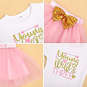 Baby Girls 1st/2nd/3rd Birthday Princess Cake Smash Baptism Tutu Party Dress Short Sleeve Top Romper Shirt+Ruffle Tulle Skirt+Sequin Bow Headband 3PCS Summer Outfit Pink-Young Wild Three 3T