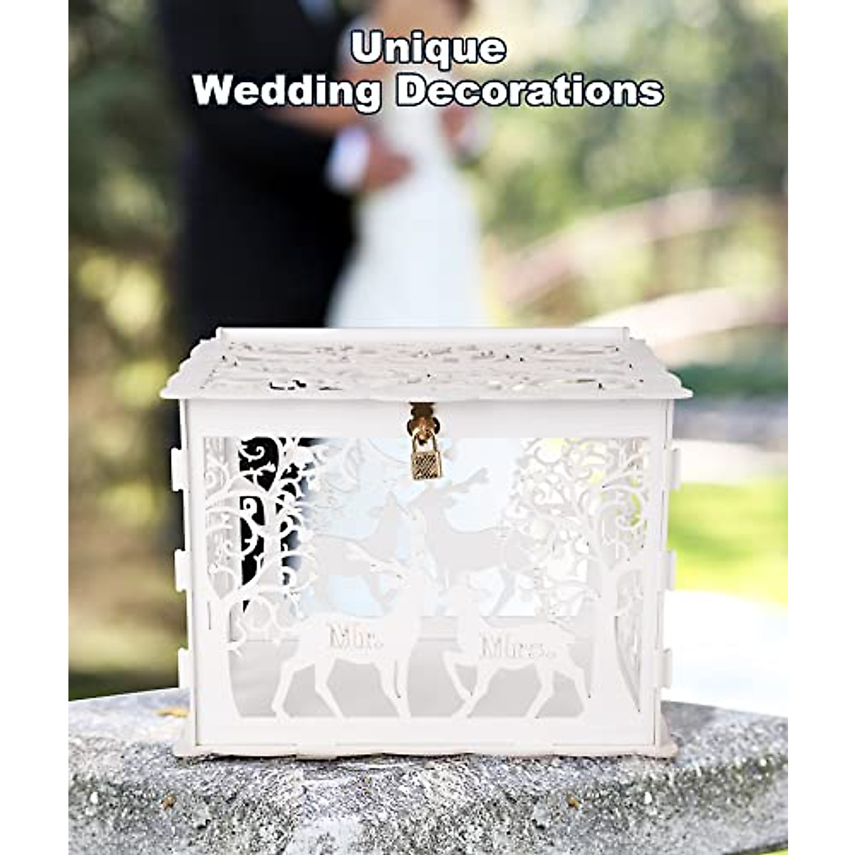 BestYiJo Wedding Card Box With Locks, Large Vintage Diy Gift Box For Wedding Reception Anniversary Baby Gift, Money Box, 11.8 X 9.5 X 8.9 (White)