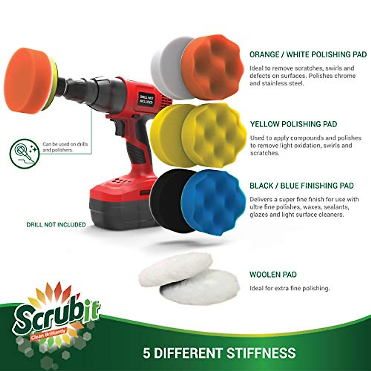SCRUBIT Car Foam Drill Polishing Pad Kit 22 Pack, Includes 16 Detailing Sponges (3 in.), 2 Wool Buffer Pads, 2 Drill Adapters and Suction Cups for Your Vehicle - Waxing and Polisher Set