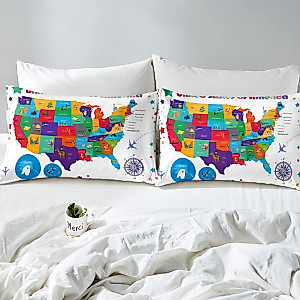 USA Political Map Fitted Sheet Federal States Map Bedding Set for Kids Boys Girls Science Popularization Bed Sheet Set Educational Bed Cover Full Size
