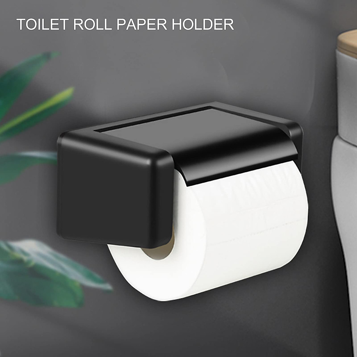 Toilet Roll Paper Holder, 120 Degree Plastic Black Wall Mounted Self Adhesive No Punching Container, Toilet Tissue Holder for Bathroom, Kitchen, Living Room(15.7X9.9X8.2Cm)