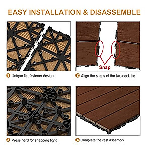 Goovilla Wood Interlocking Deck Flooring Tiles, 9 Pack Wood Floor Tiles, 12x12" Waterproof Patio Deck Tile, Outdoor Flooring All Weather Use, Patio Floor Decking Tiles for Indoor Porch Balcony, Walnut