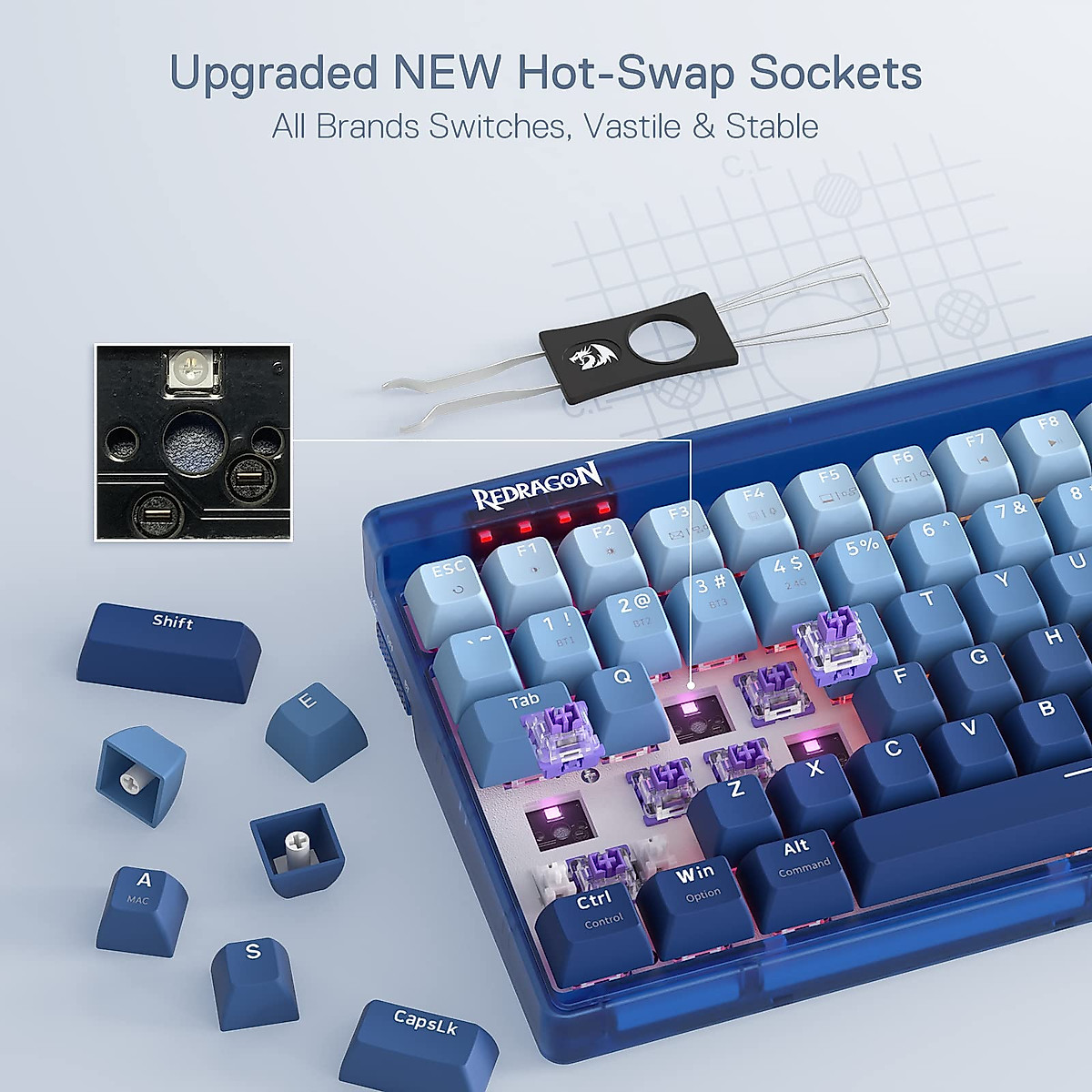 Redragon K656 PRO 3-Mode Wireless RGB Gaming Keyboard, 100 Keys Mechanical Keyboard w/Translucent Board, Hot-Swappable Socket, Sound Absorbing Foam & Custom Tactile Switch, Gradient BlueMade