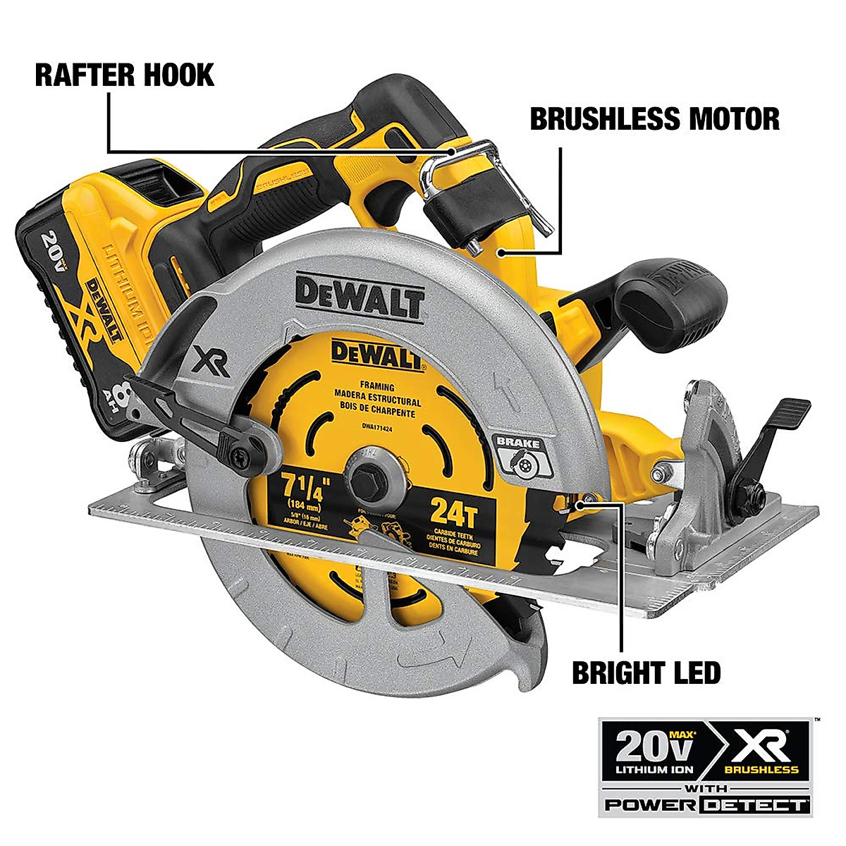 DEWALT 20V MAX* XR Circular Saw, 7-1/4-Inch, Brushless, Power Detect Tool Technology (DCS574W1)