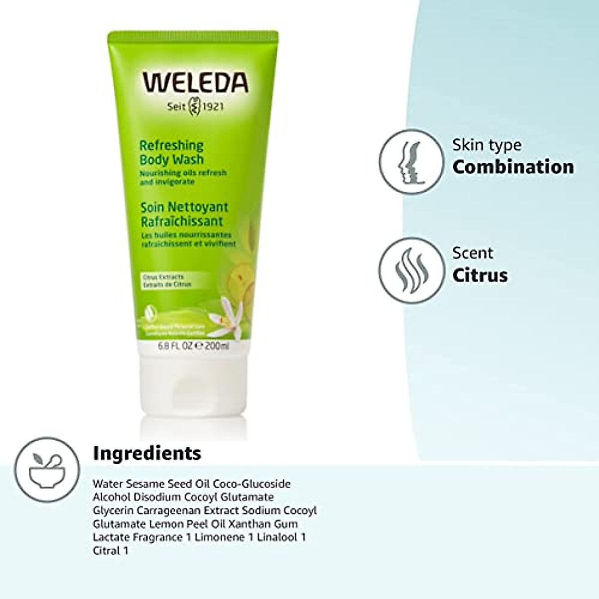 Weleda Refreshing Citrus Body Wash, 6.8 Fluid Ounce, Gentle Plant Rich Cleanser with Lemon Peel and Sesame Seed Oils