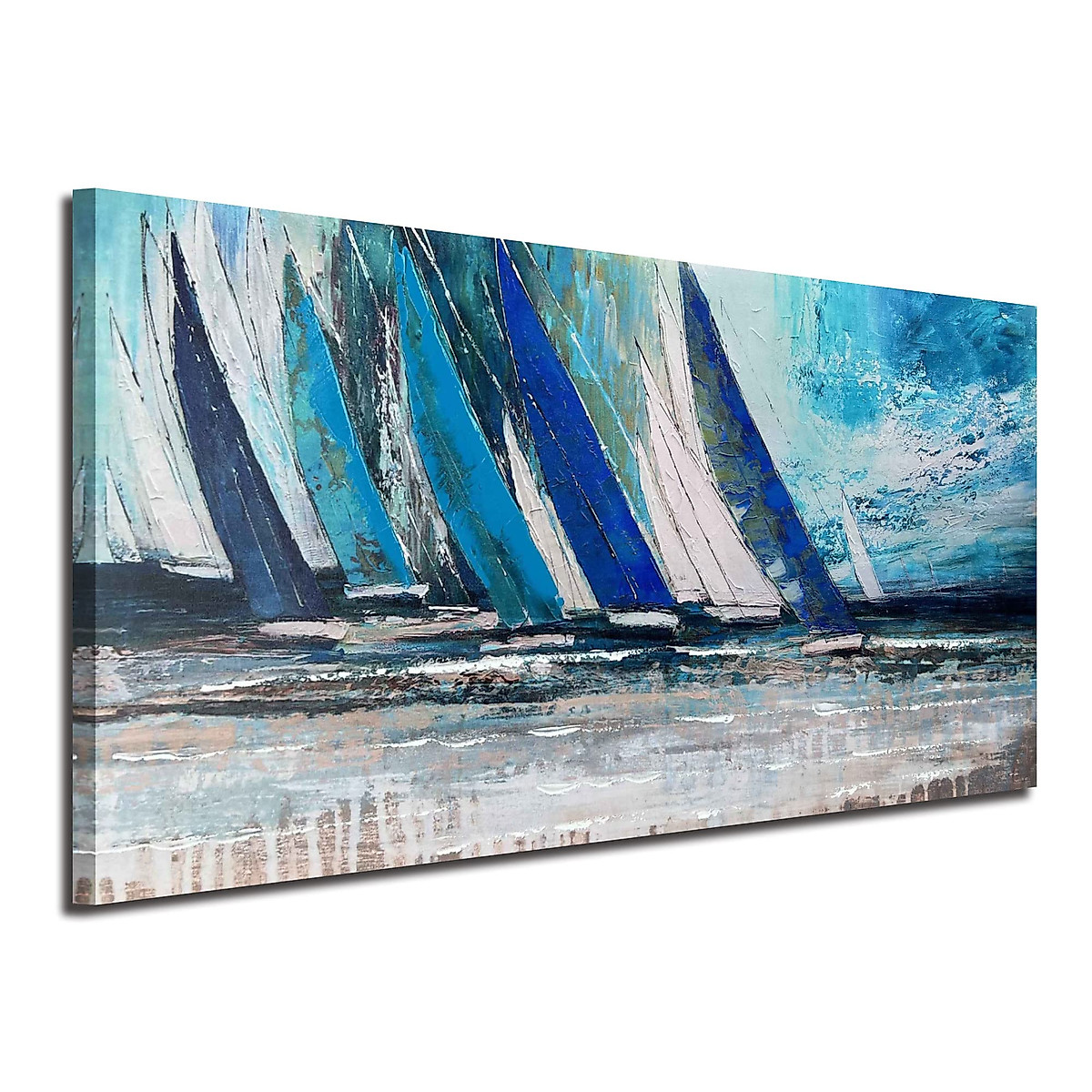 Arjun Blue Abstract Wall Art Canvas Teal Ocean Sailboat Picture Modern Turquoise Coastal Nautical Painting Large 48"x24" Framed Textured Artwork for Living Room Bedroom Bathroom Home Office Wall Decor
