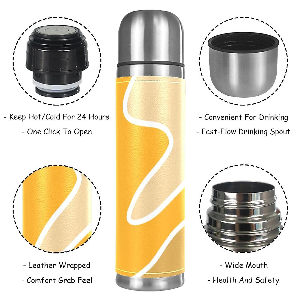Stainless Steel Leather Vacuum Insulated Mug Abstract Thermos Water Bottle for Hot and Cold Drinks Kids Adults 16 Oz