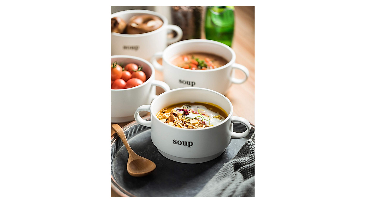 LAUCHUH Porcelain Soup Bowls with Handles - Stackable 27oz Set