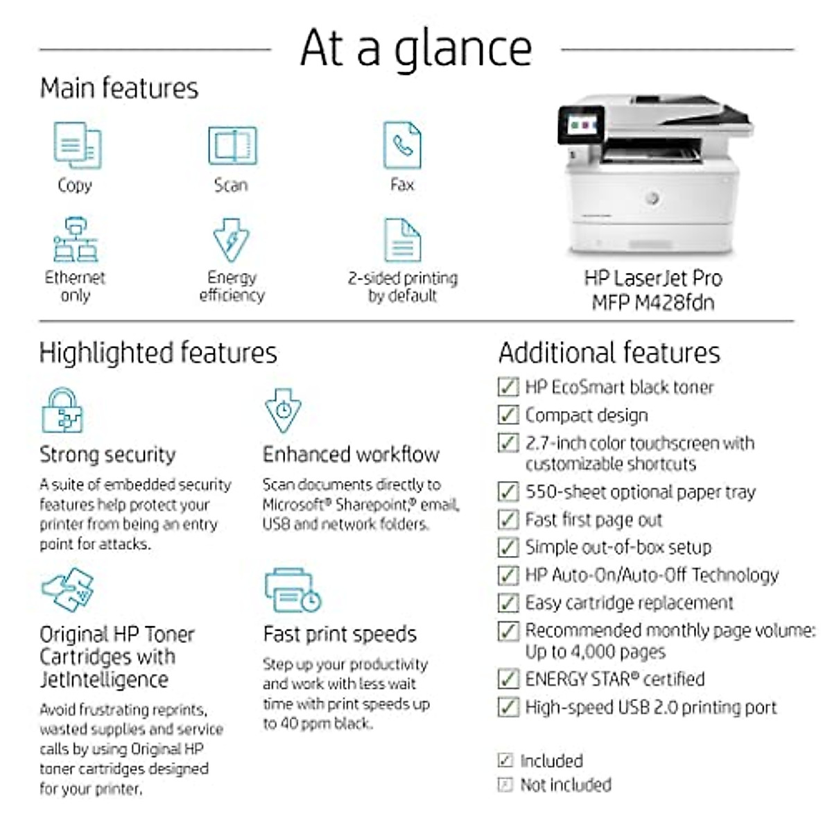 HP Laserjet Pro MFP M428fdn All-in-One Wired Monochrome Laser Printer, White - Print Scan Copy Fax - 40 ppm, 1200 x 1200 dpi, 512MB Memory, Auto Duplex Printing, 50-Sheet ADF, Ethernet, Cbmou Webcam
