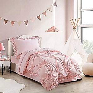 HOMBYS 4 Pieces Pink Princess Toddler Bedding Set for Girls Kids, Ultra Soft Blush Pinch Pleat Comforter Set with Ruffles for All Season