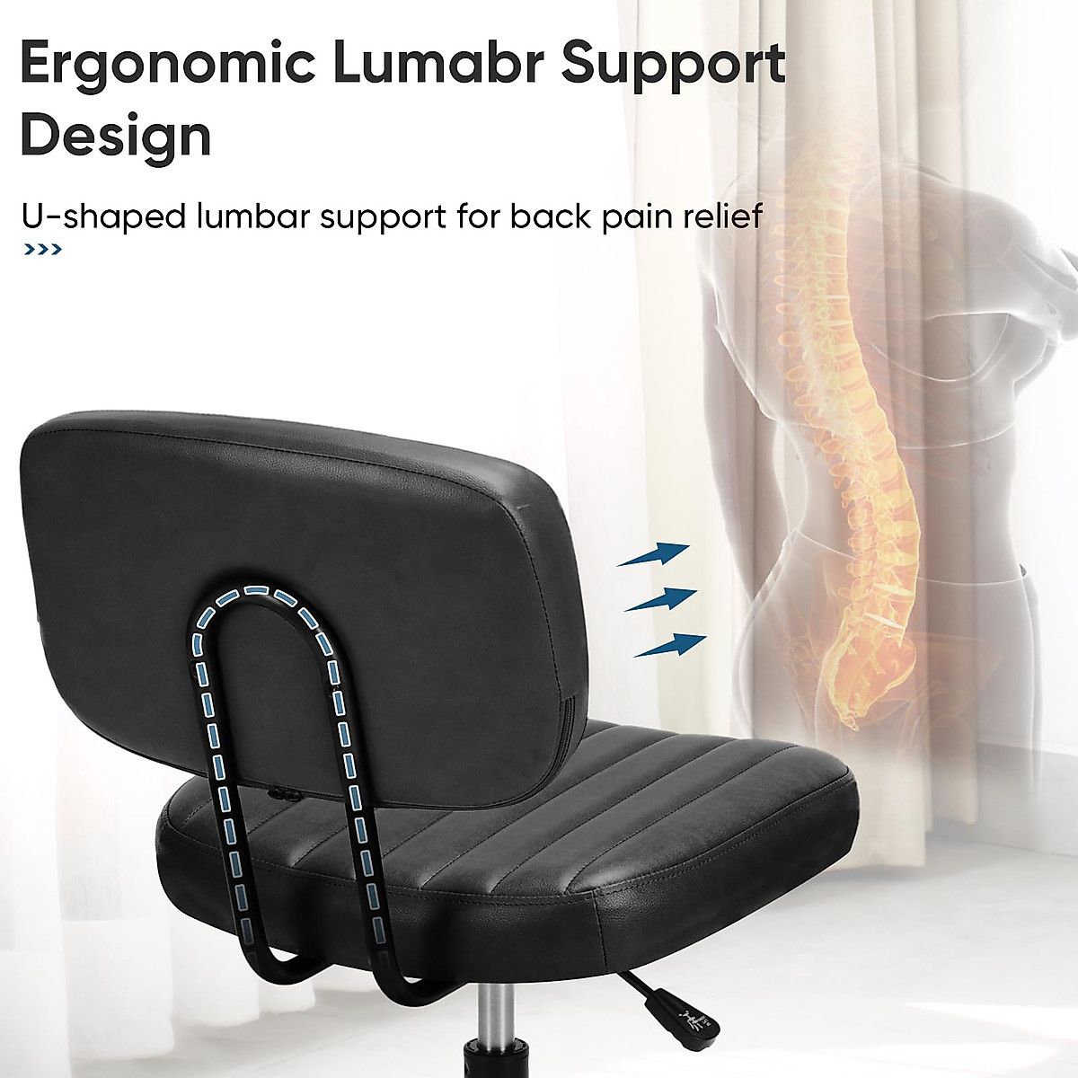 DUMOS Armless Home Office Chair Ergonomic Desk with Comfy Low Back Lumbar Support, Height Adjustable PU Leather Computer Task with 360° Swivel Wheels, for Small Space, Kids and Adults, Black