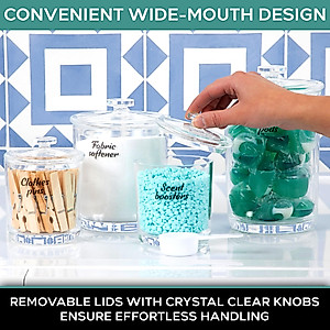 Premium Clear Acrylic Apothecary Jars with Lids for Bathroom & Laundry Room - Multipurpose Bathroom Canisters with Scoops & Labels - Laundry Containers for Pods & Dryer Sheets - Assorted 4 Pack