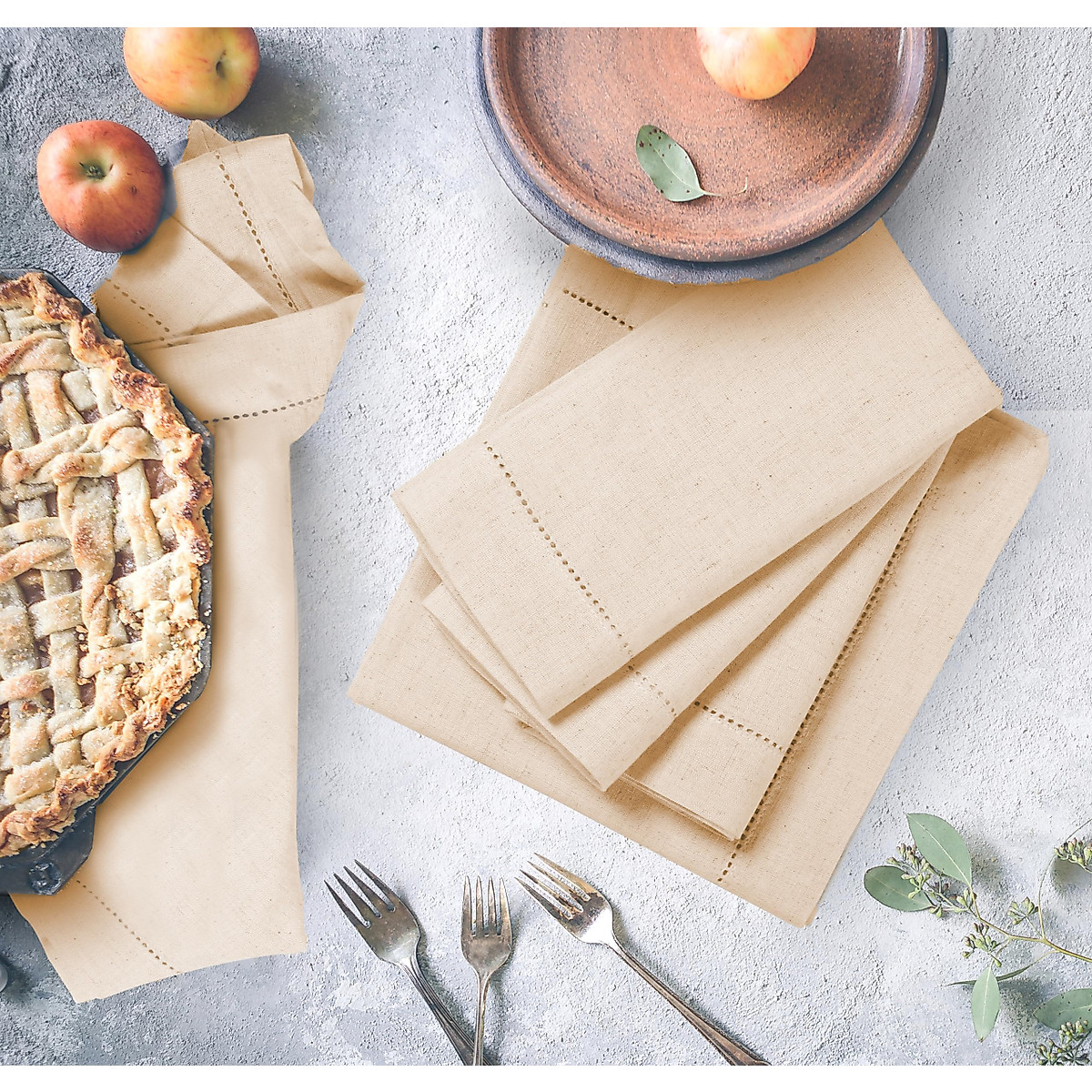 Linen Hemstitched Cloth Napkins, Set of 12 - Natural Flax, Washable Dinner Napkins